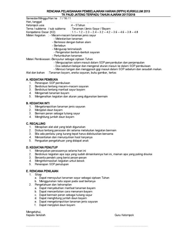 RPPH TK-A SMT1 Minggu - 16 - Jenis Sayur Dan Apotik Hidup | PDF | Kesehatan Holistik