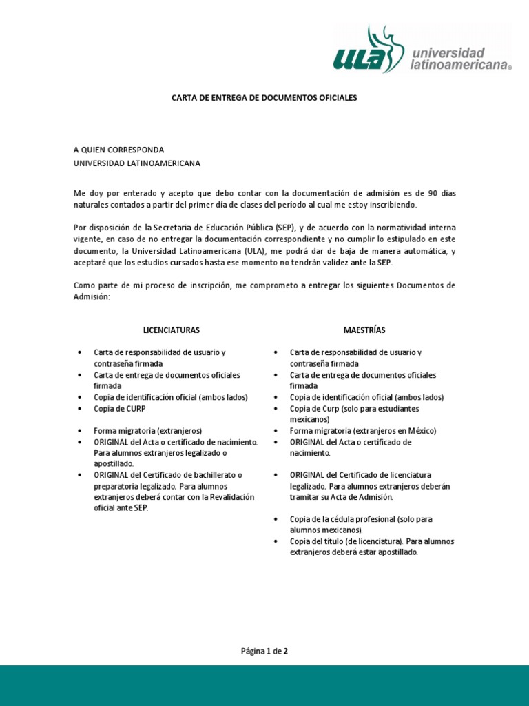Carta de Entrega de Documentos ULA | PDF | Gobierno