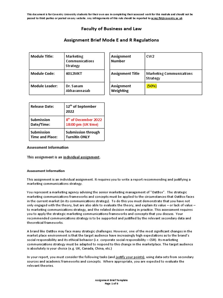 Faculty of Business and Law Assignment Brief Mode E and R Regulations ...