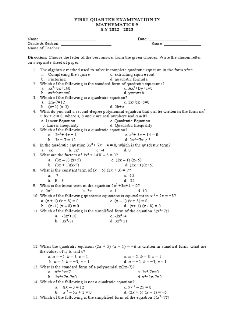 FIRST QUARTER EXAMINATION IN MATHEMATICS 9 | PDF | Quadratic Equation ...