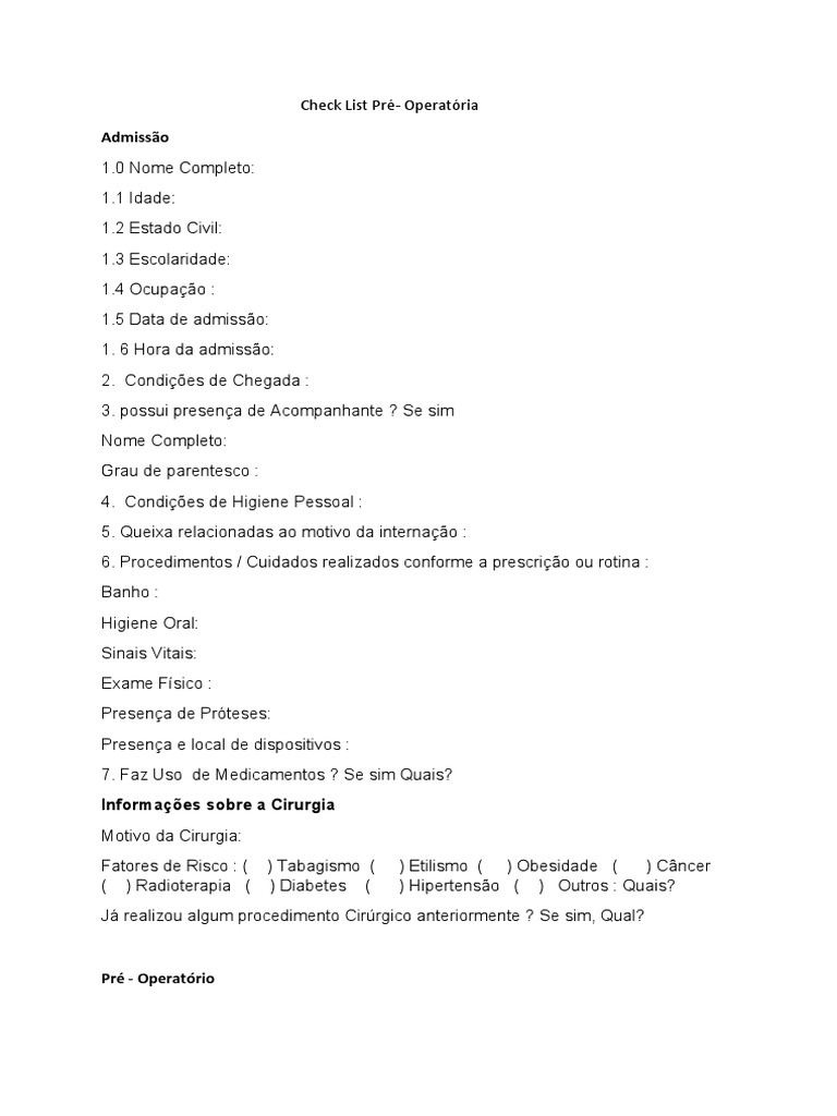 Check List Pré - Operatório | PDF | Dor | Diabetes