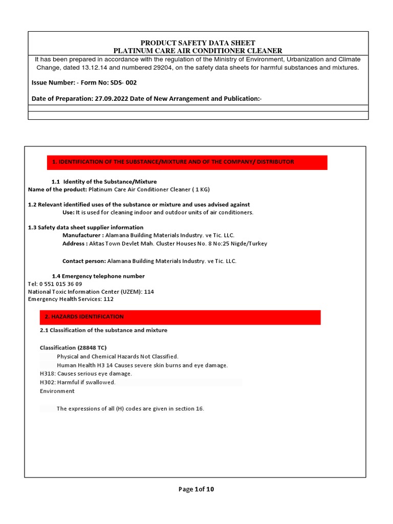 Platinum Care AC Cleaner Safety Data Sheet | PDF | Dangerous Goods ...