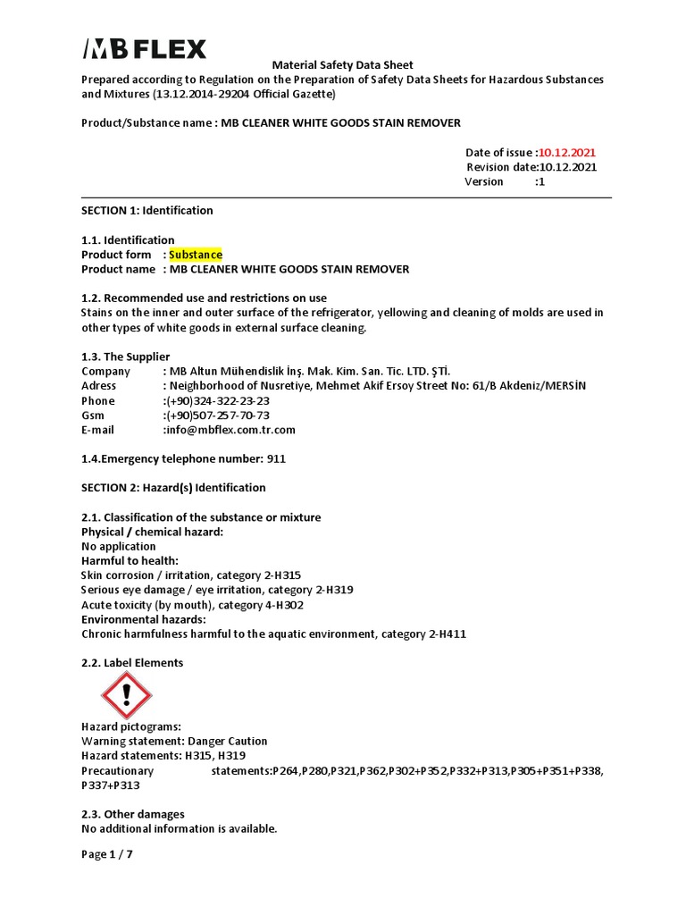 Msds (ENG) MB CLEANER WHITE GOODS STAIN REMOVER | Download Free PDF | Dangerous Goods | Personal ...