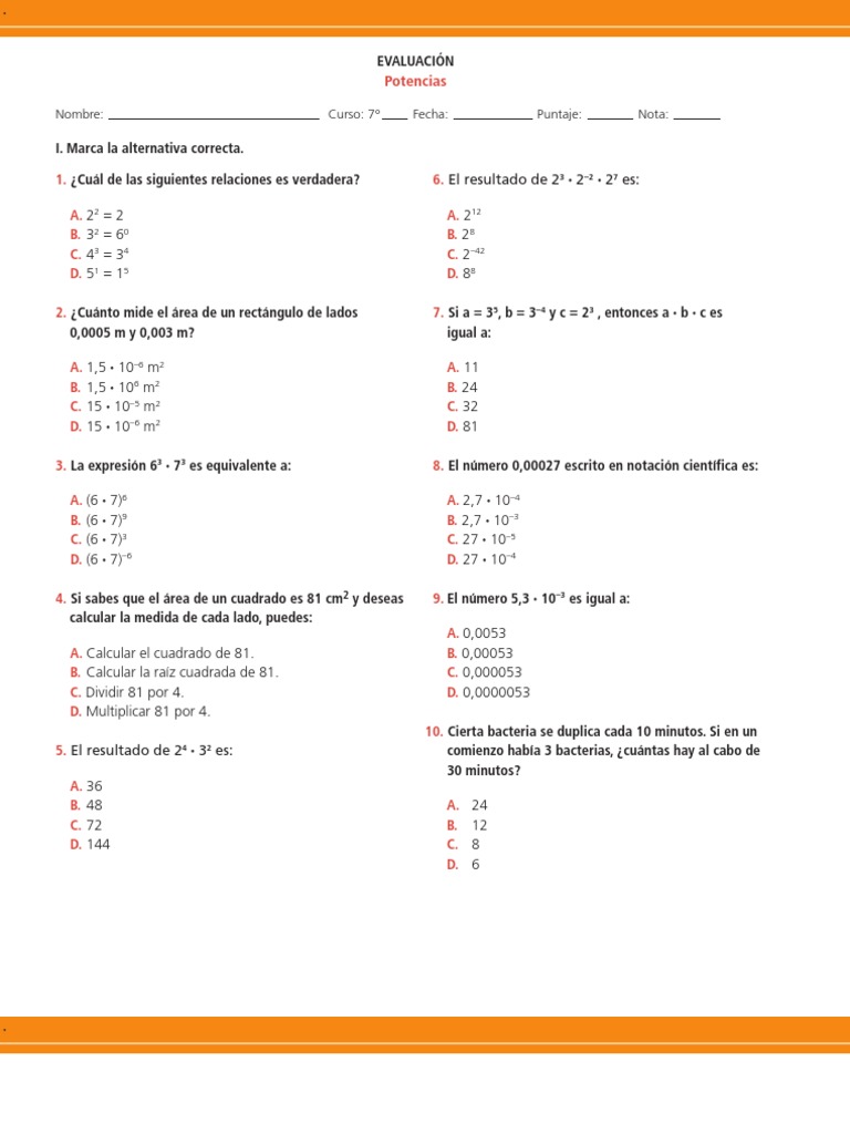 7° Año Evaluación Potencias | PDF