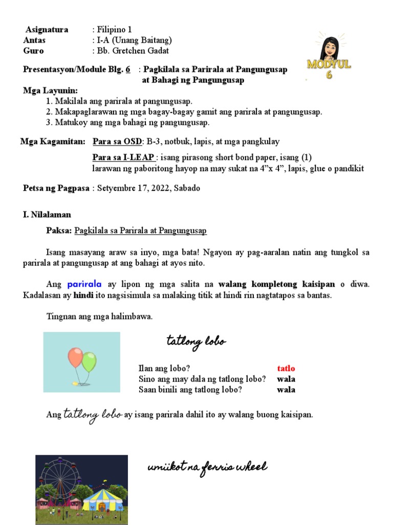 FIL 1 Module 6 - Pagkilala Sa Parirala at Pangungusap at Bahagi NG ...