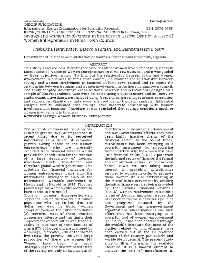 Savings and Women Involvement in Business in Kasese District A Case of Women Entrepreneurs in ...