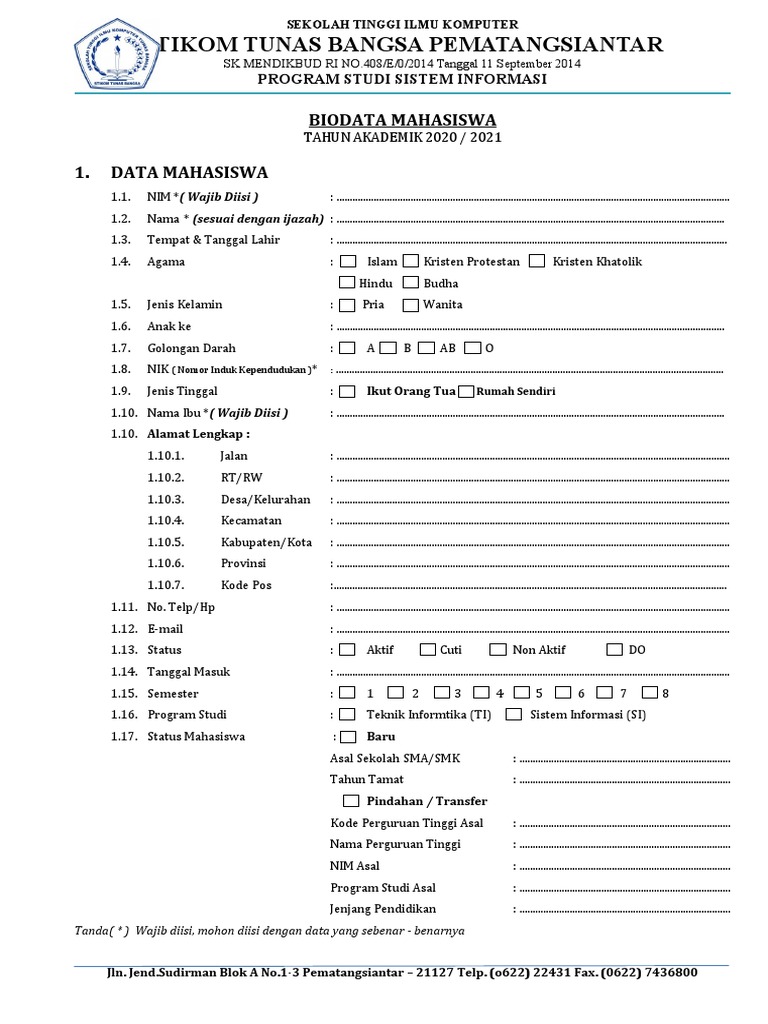 Form Biodata Mahasiswa SI-2020 | PDF