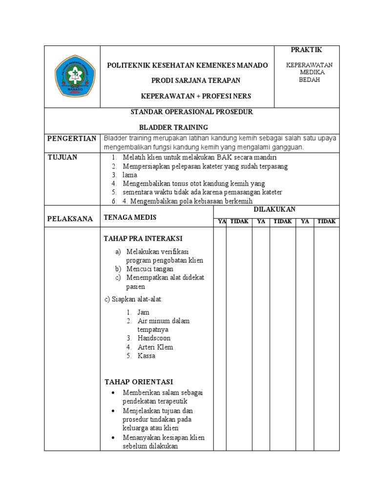 Sop Blander Training Praktikum KMB Bladder Training | PDF