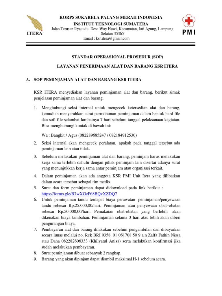 SOP PEMINJAMAN DAN PENGEMBALIAN ALAT KSR PMI Unit ITERA - Revisi | PDF