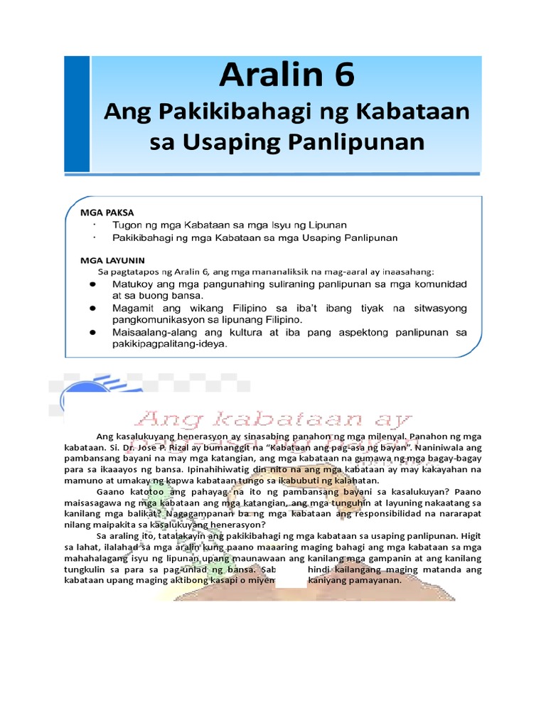 Aralin 6 (Ang Pakikibahagi NG Kabataan Sa Usaping Panlipunan) | PDF
