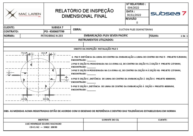 Modelo Relatório de Dimensional Subsea 7 - Pile 5 PDF | PDF