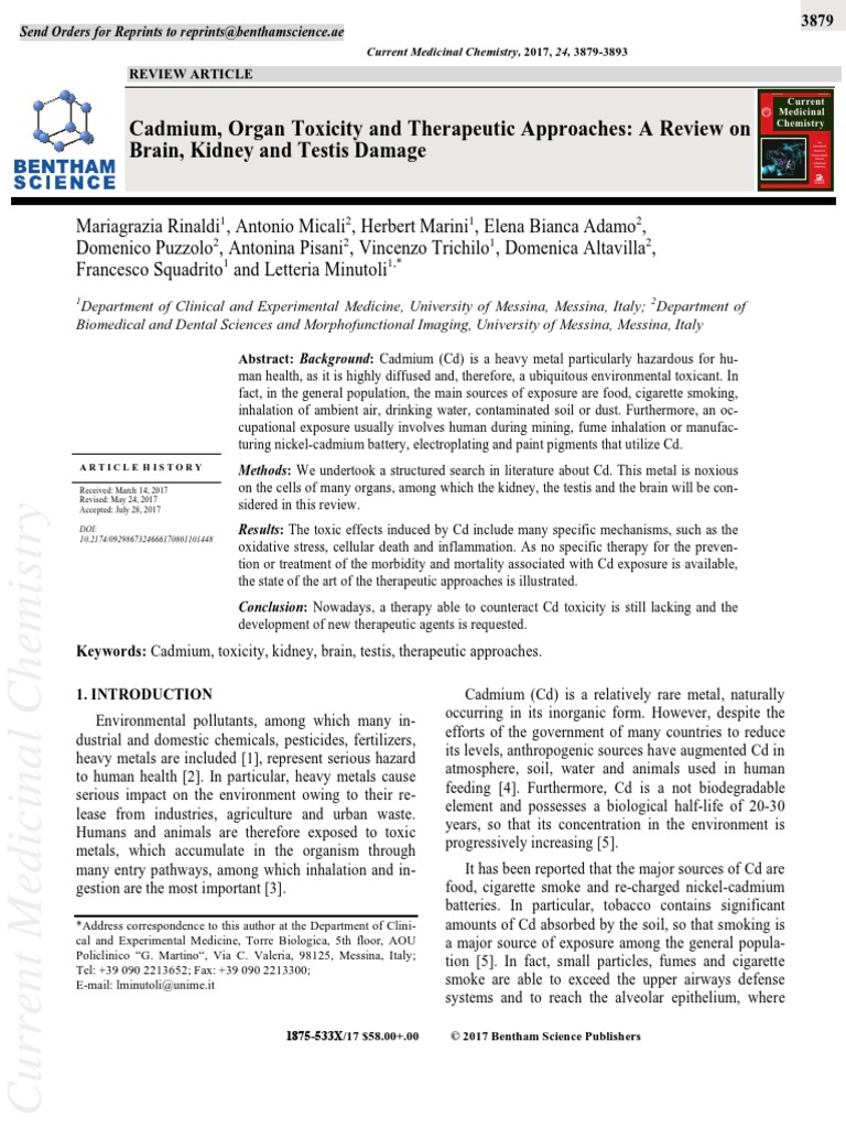 Cadmium, Organ Toxicity and Therapeutic Approaches: A Review On Brain ...