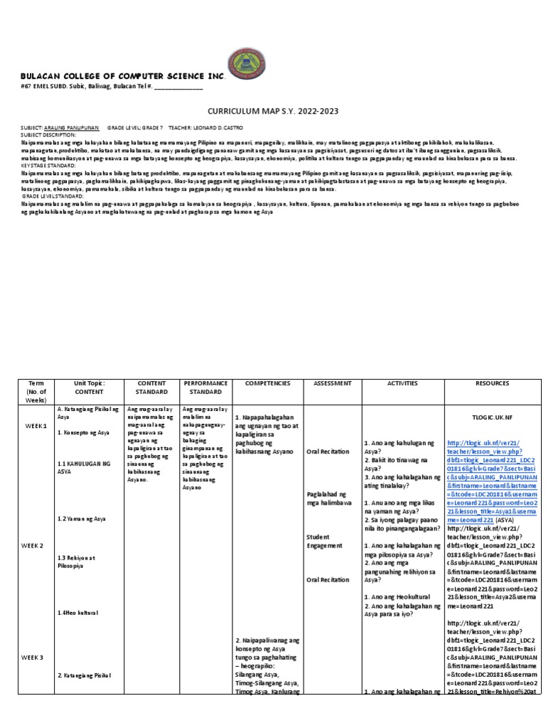 1st Curriculum Map Ap7 | PDF