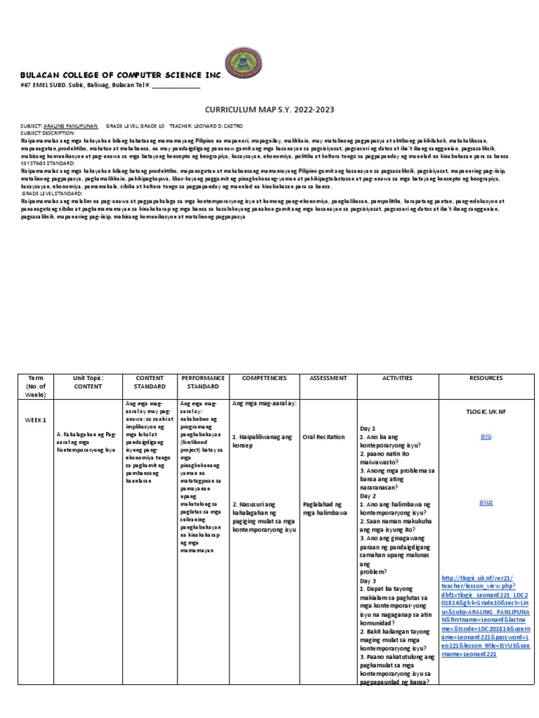 1st Quarter Curriculum Map Ap 10 | PDF