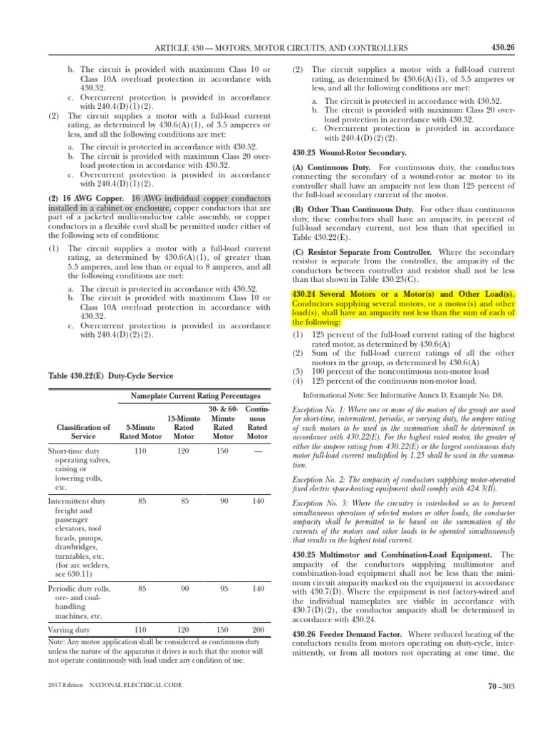 430.24 Thru 26 NFPA 70 - National Electrical Code (2017) | PDF ...