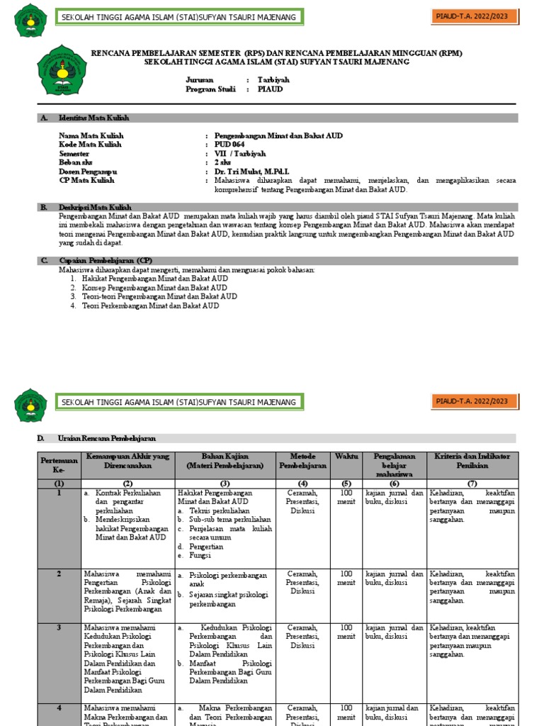 RPS Pengembangan Bakat Dan Minat Aud - Tri Mulat | PDF
