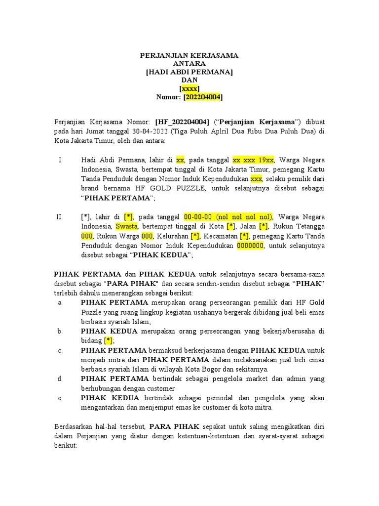 (Draft) - Perjanjian Kerjasam | PDF | Bisnis | Pengelolaan Keuangan & Uang