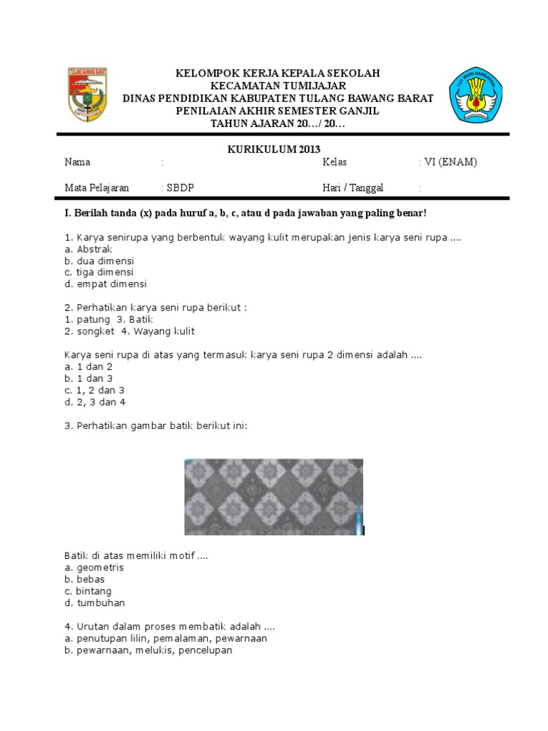 Soal PAS SBDP Kelas VI Semester 1 | PDF