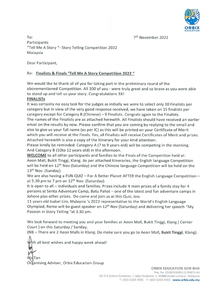 Letter On Story Telling FINALISTS & FINALS | PDF