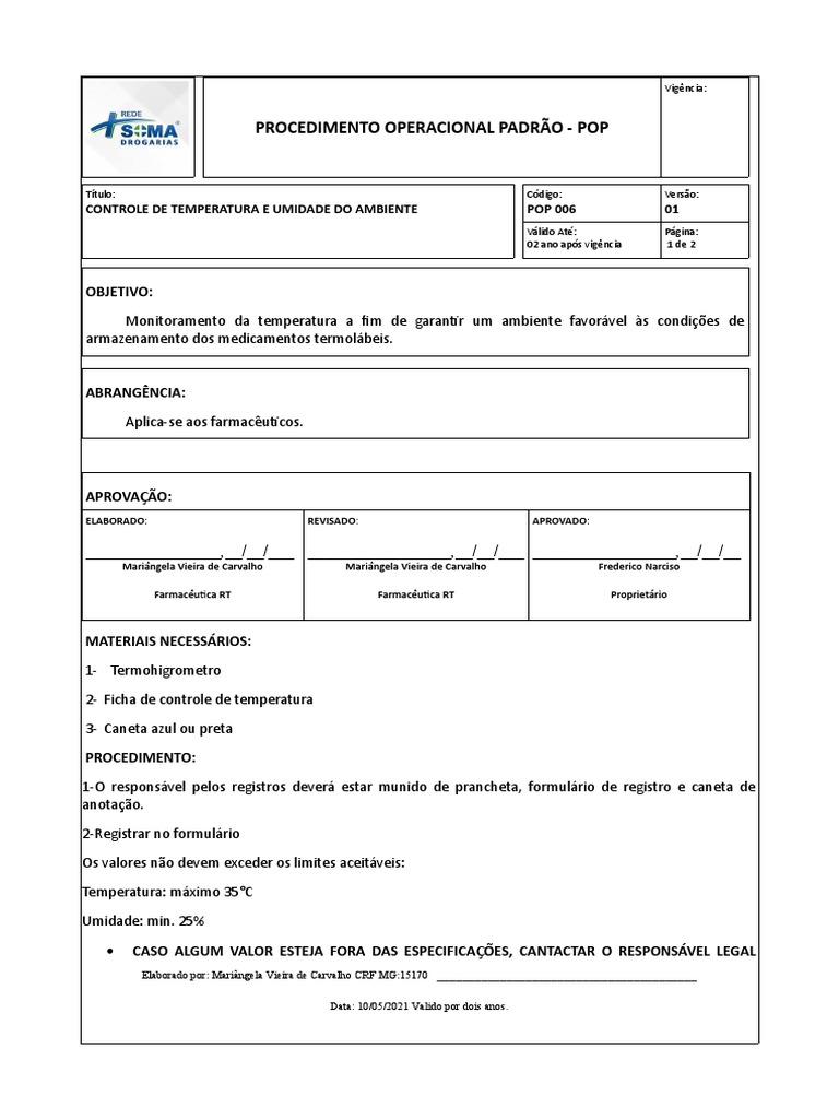 Pop 006 - Controle de Temperatura Ambiente | PDF | Farmacêutico
