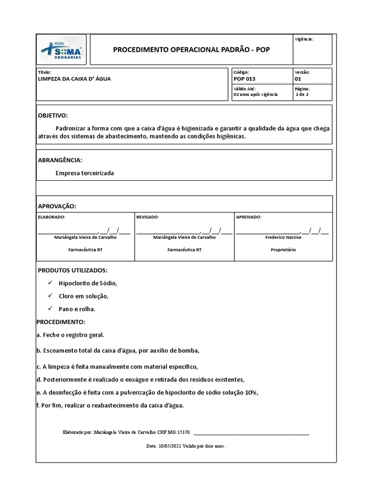 Pop 013 - Limpeza Caixa D'água | PDF | Farmacêutico