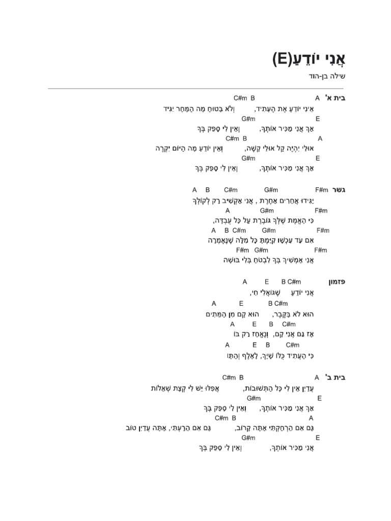 Ani Yode'a - Shilo Ben Hod - Hebrew ChordSheet | PDF