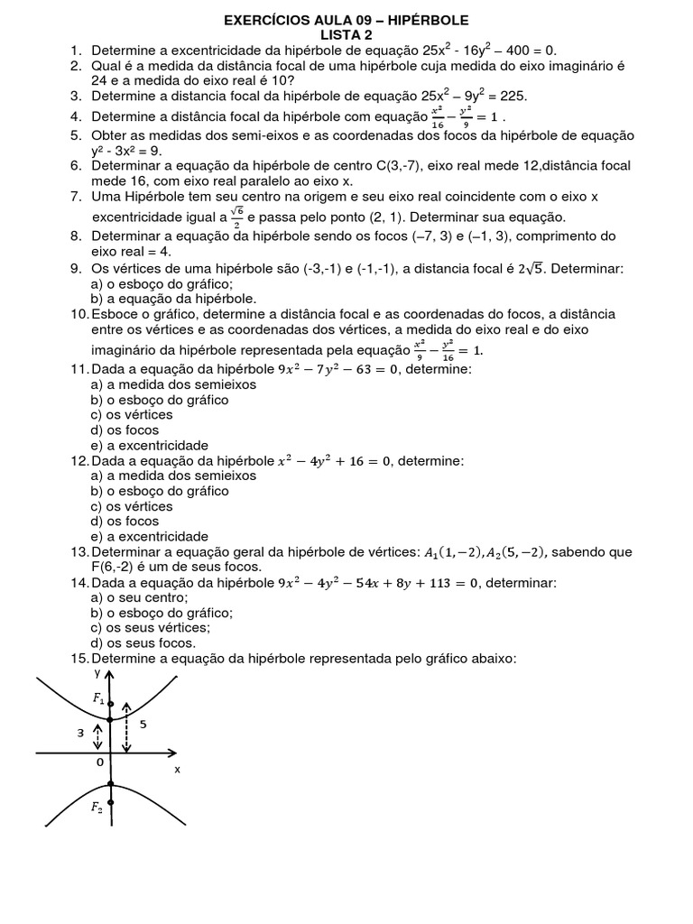 Exercícios - Aula 9 - Lista 2 - Hipérbole | PDF | Conceitos matemáticos | Formas geométricas