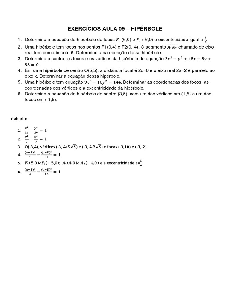 Exercícios - Aula 9 - Hipérbole | PDF