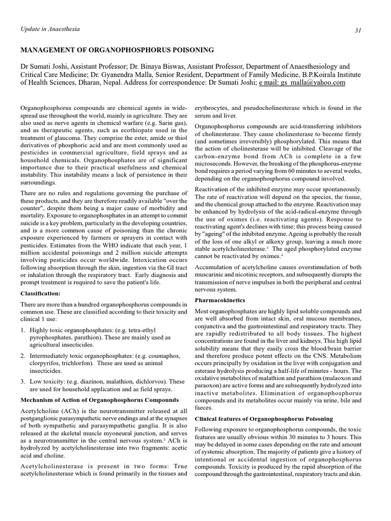 Uia 19 MANAGEMENT OF ORGANOPHOSPHORUS POISONING | PDF | Acetylcholine ...