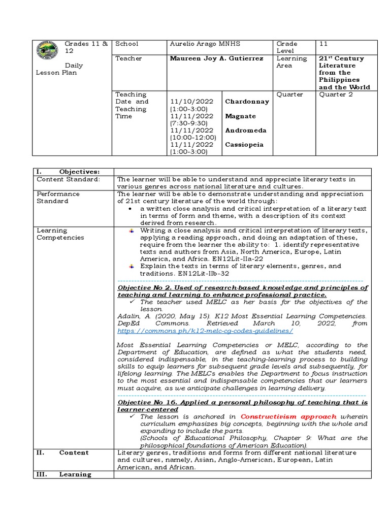 11th & 12th Grade Literature Lesson Plan | PDF | Teaching Method | Learning