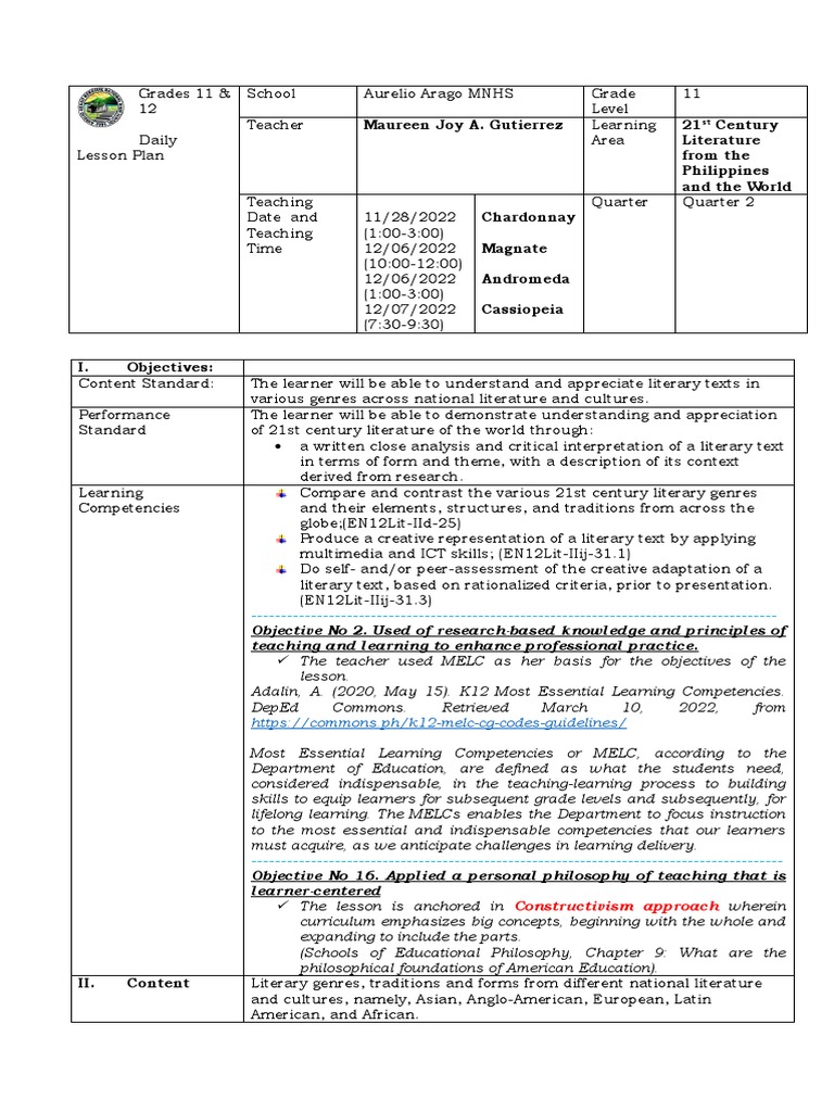 21st Century Literature Lesson Plan | PDF | Learning | Teaching Method