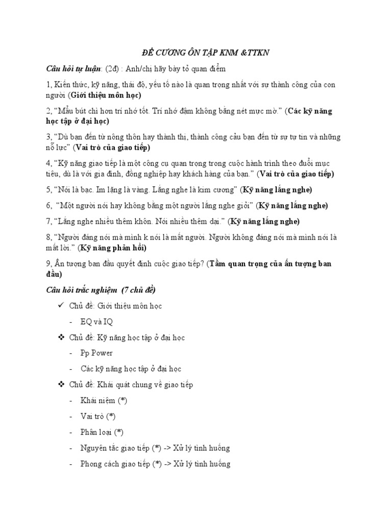 ĐỀ CƯƠNG ÔN TẬP KNM | PDF