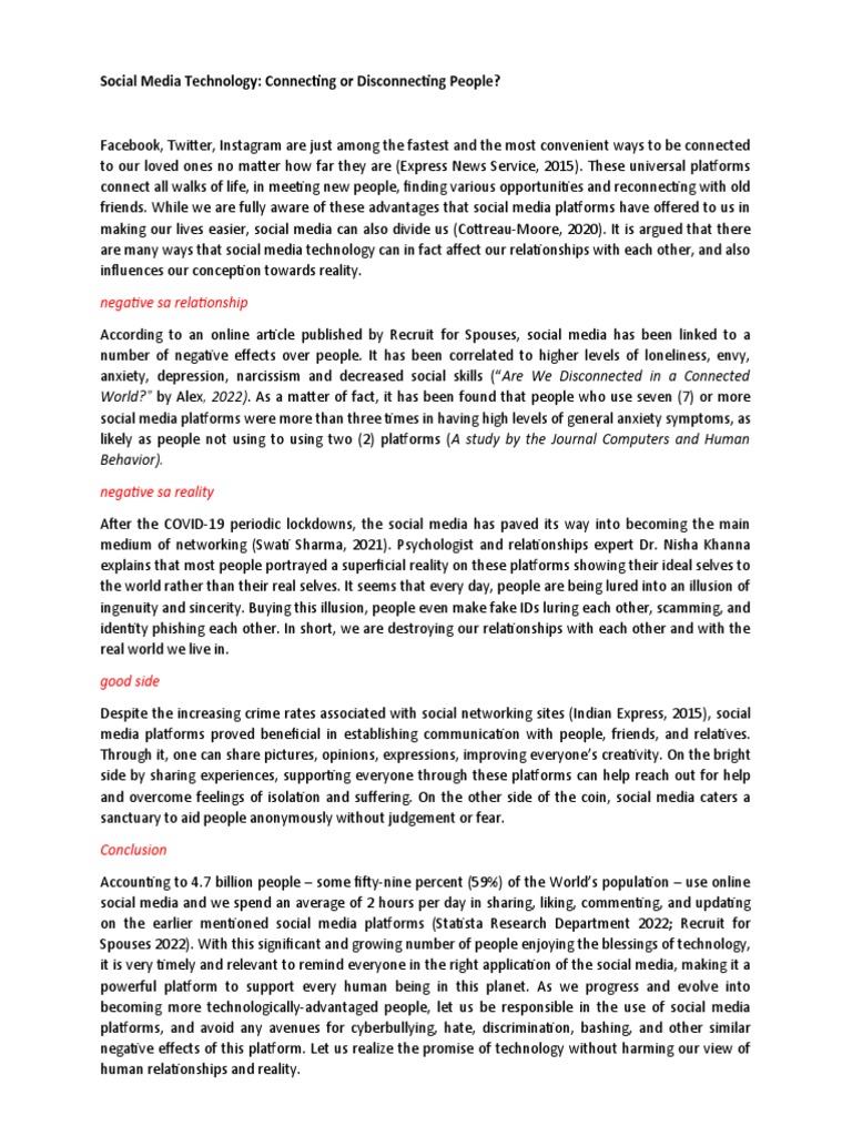 Social Media Technology Connecting or Disconnecting People | PDF ...