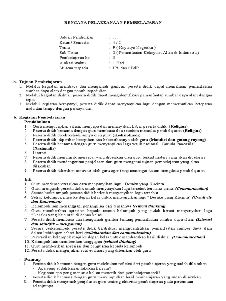 RPP Tema 9 Subtema 2 Pembelajaran 4 | PDF