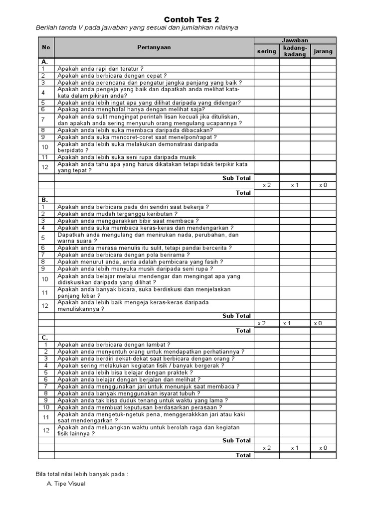 Contoh Angket Gaya Belajar Siswa 2 | PDF