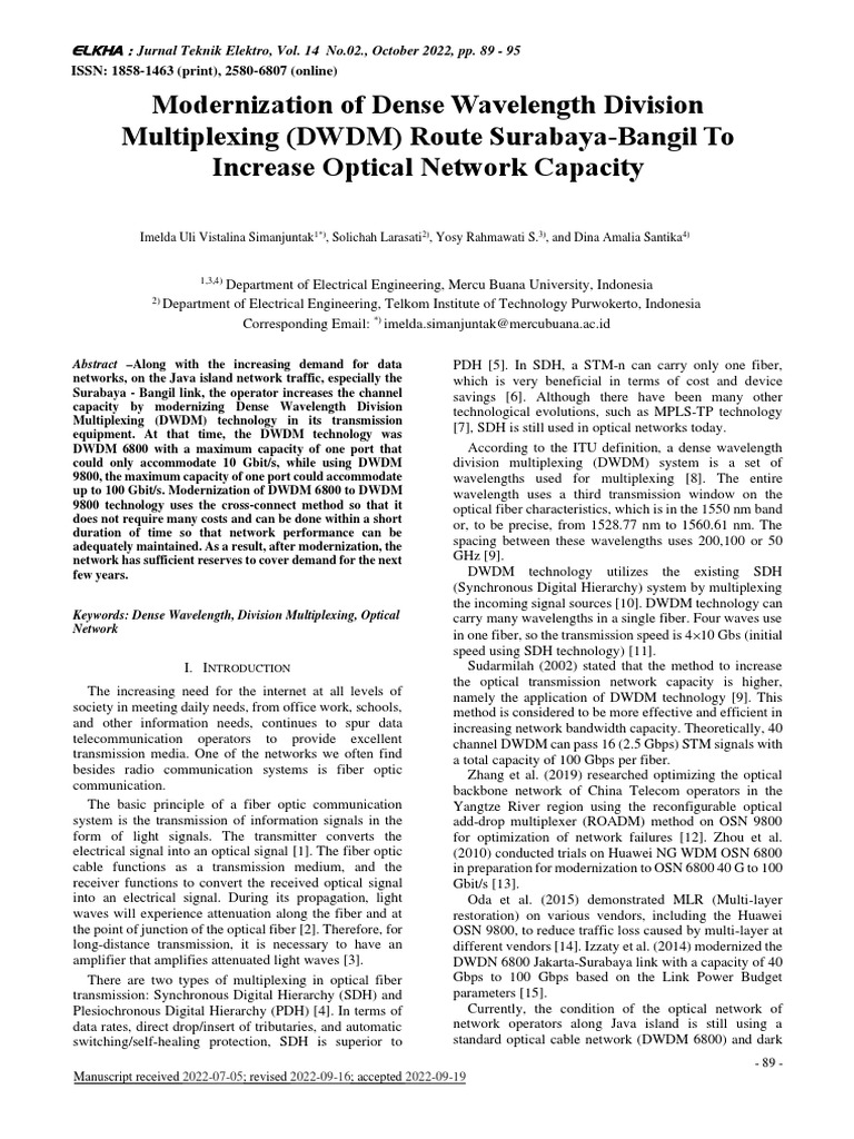 Modernization of Dense Wavelength Division Multiplexing (DWDM) Route Surabaya-Bangil To Increase ...