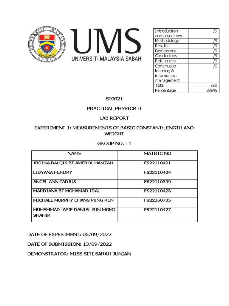 Lab Report Physics (Exp 1) EDITED | PDF | Weighing Scale | Weight