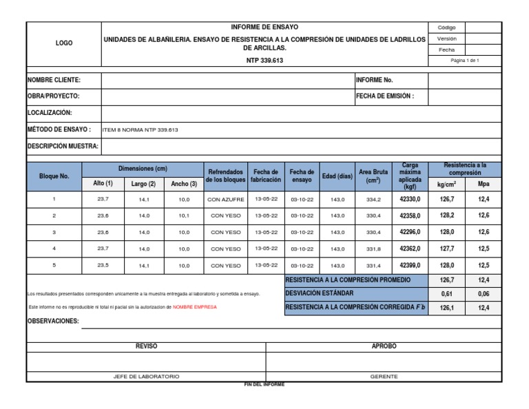 1.formato Resistencia A La Compresión Bloques de Ladrillo | PDF