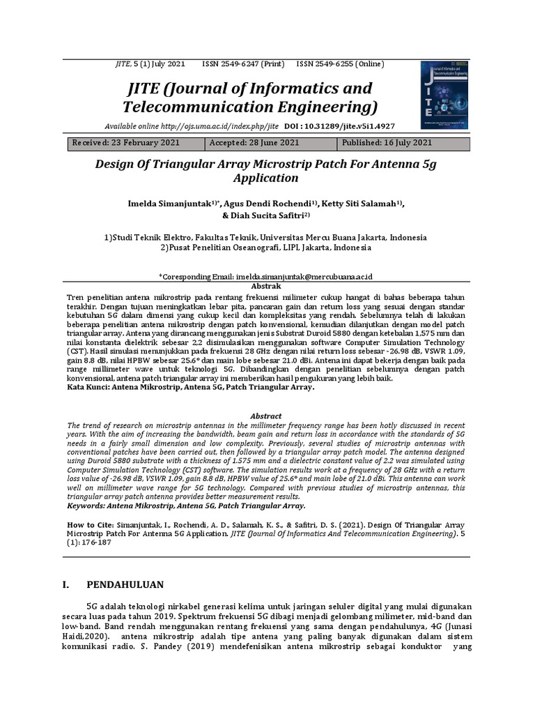 Design of Triangular Array Microstrip Patch For Antenna 5g Application | PDF