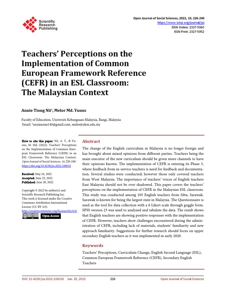 Teachers' Perceptions On The Implementation of Common European Framework Reference (CEFR) in An ...