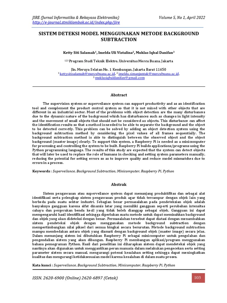 Sistem Deteksi Model Menggunakan Metode Background Subtraction Pdf Computing Information