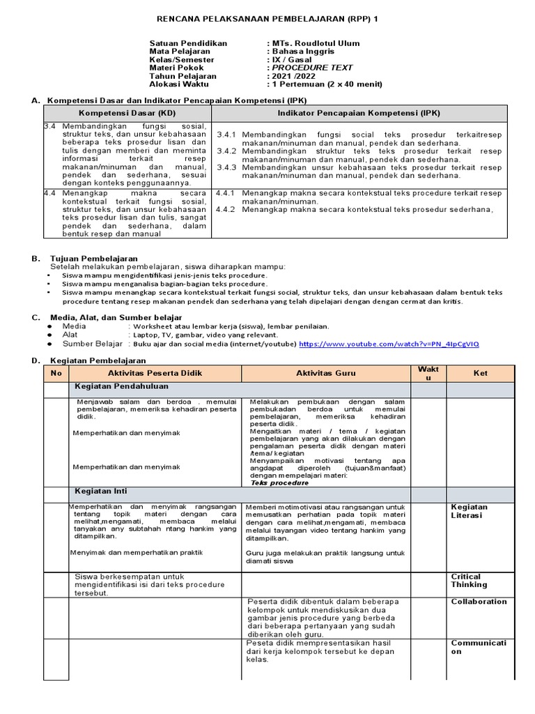 Template RPP Procedure Fix | PDF | Karier & Perkembangan | Pengembangan Diri
