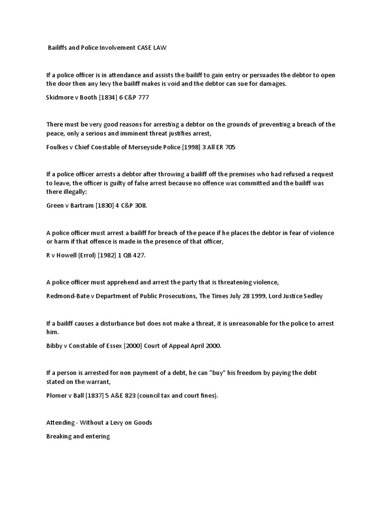 Bailiffs and Police: Key Case Law Insights | PDF | Arrest | Police