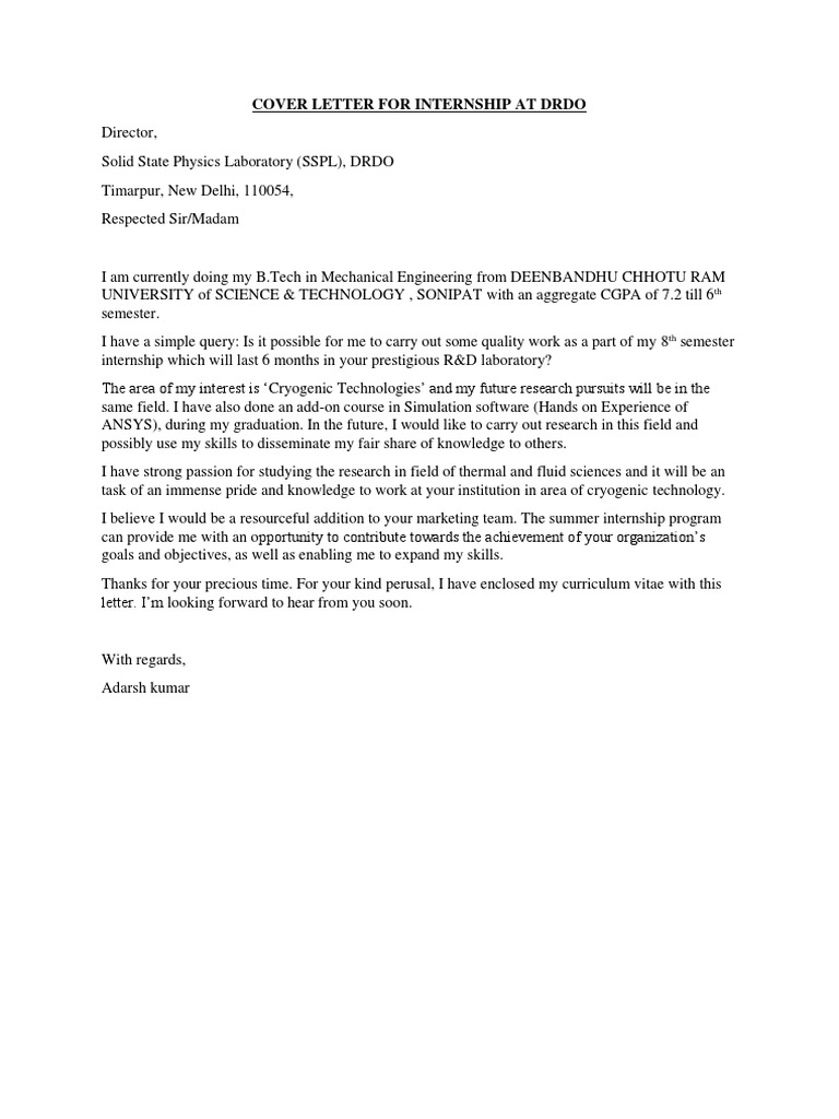Cover Letter For Internship at Drdo | PDF