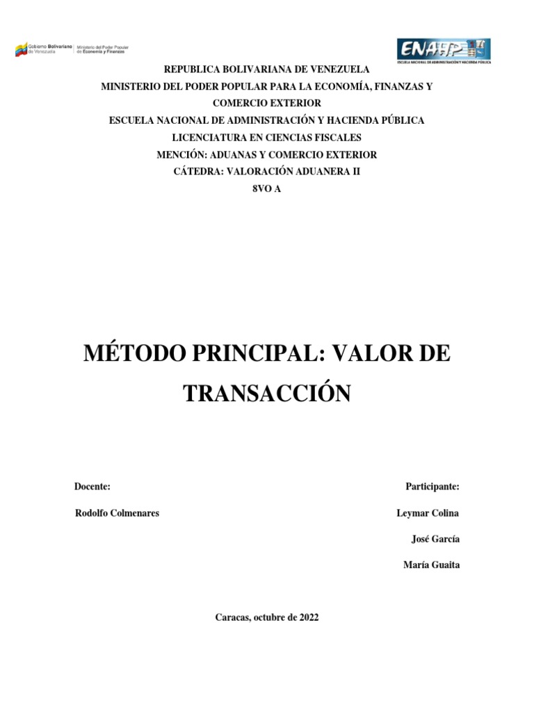 Método Principal: Valor de Transacción | PDF | aduana | Pagos
