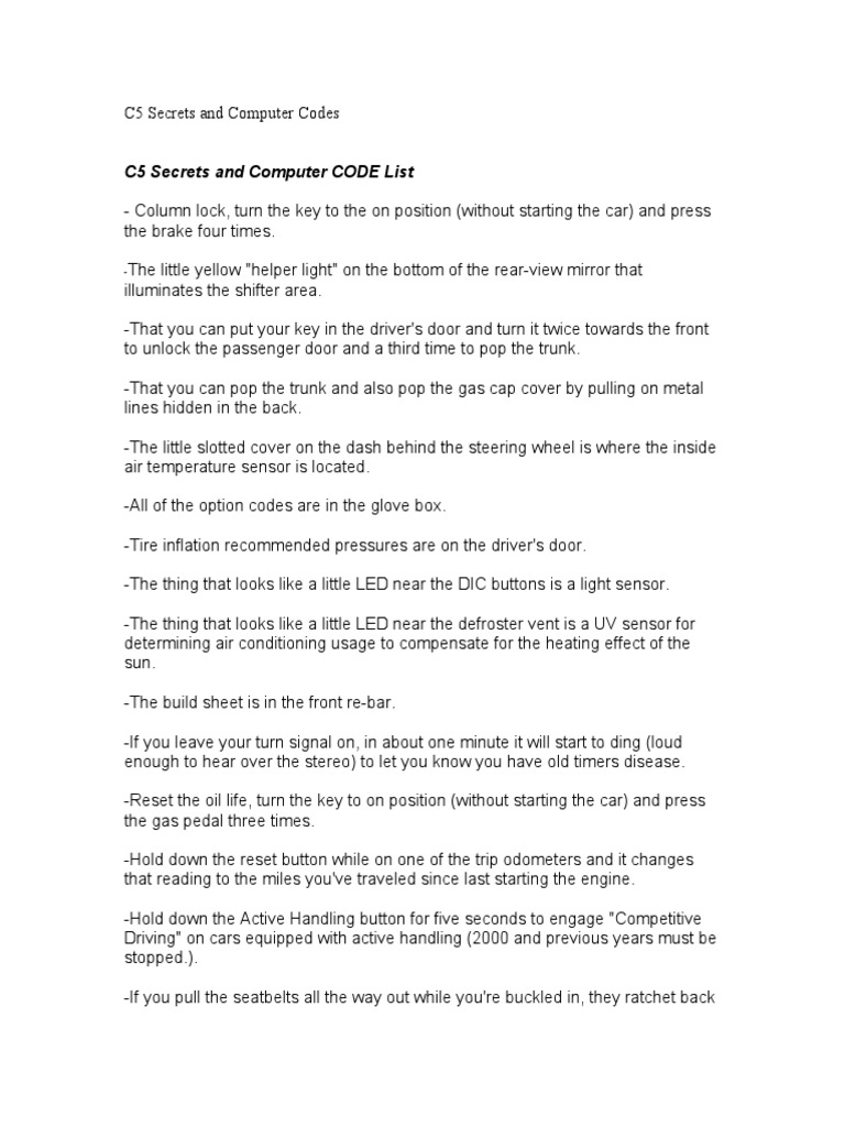 C5 Corvette Computer Codes | PDF | Relay | Vehicle Technology