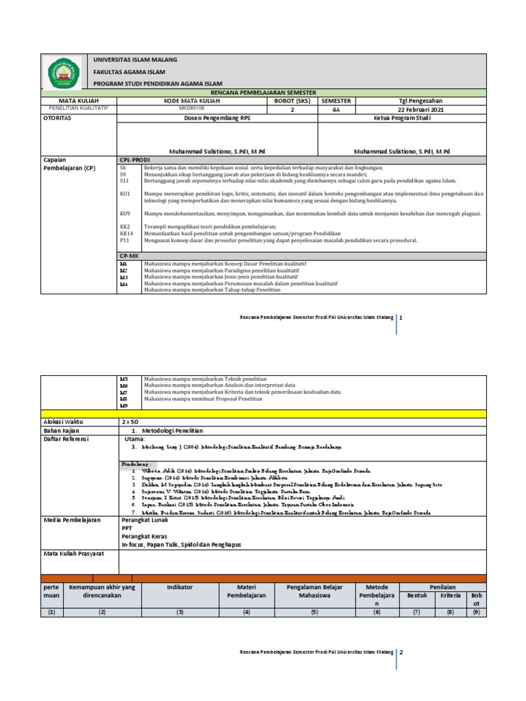 Rencana Pembelajaran Penelitian Kualitatif PAI | PDF | Karier ...