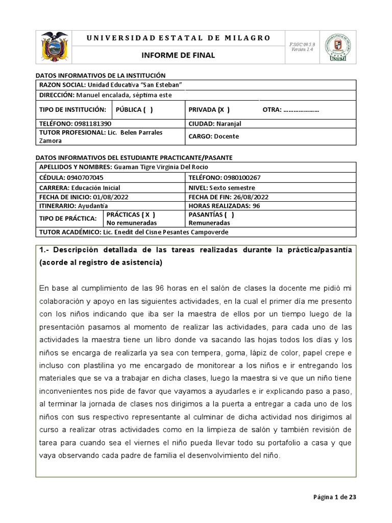 Sga Formato Informe Final | PDF | Método de enseñanza | Maestros