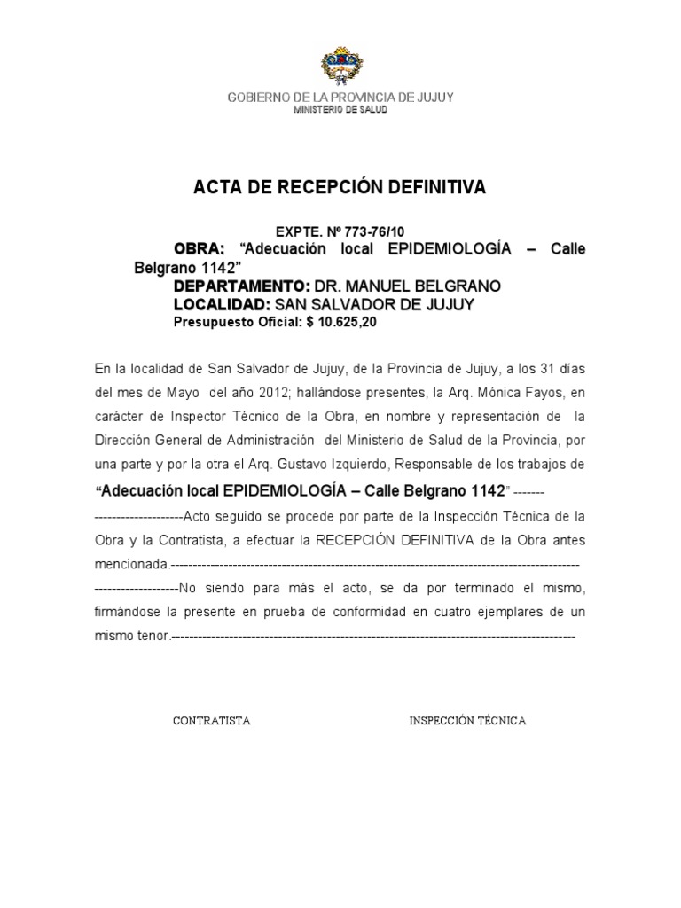 ACTA DE RECEPCION DEFINITIVA de Obra | PDF ACTA DE RECEPCION DEFINITIVA de Obra | PDF