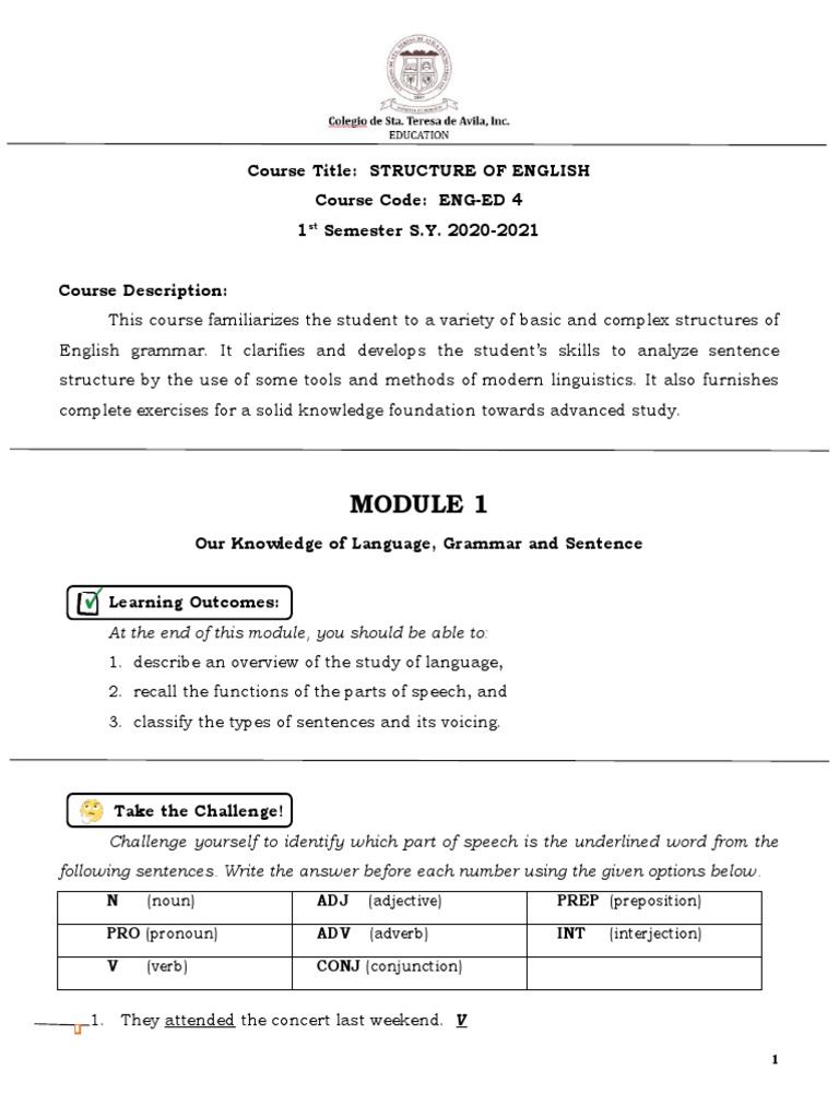 Module1 Structure Of English Pdf Part Of Speech Adverb